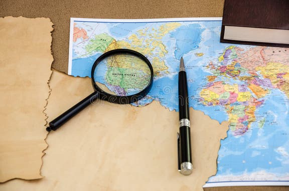 Papyrus on a World Map, Pen and Magnifier Stock Image - Image of africa ...
