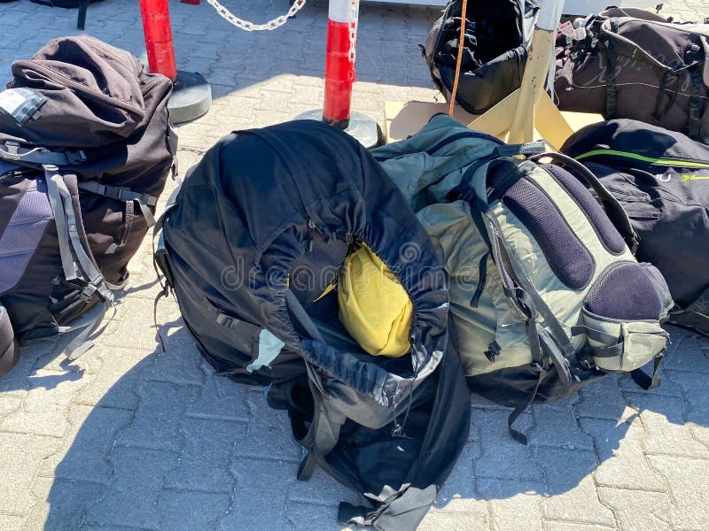 Parachute Backpacks for Extreme Skydiving Lie on the Ground Stock Photo ...