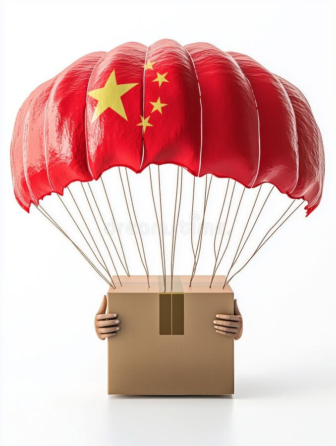 Parachute Delivery with China Flag and Cardboard Box in Creative Setup ...