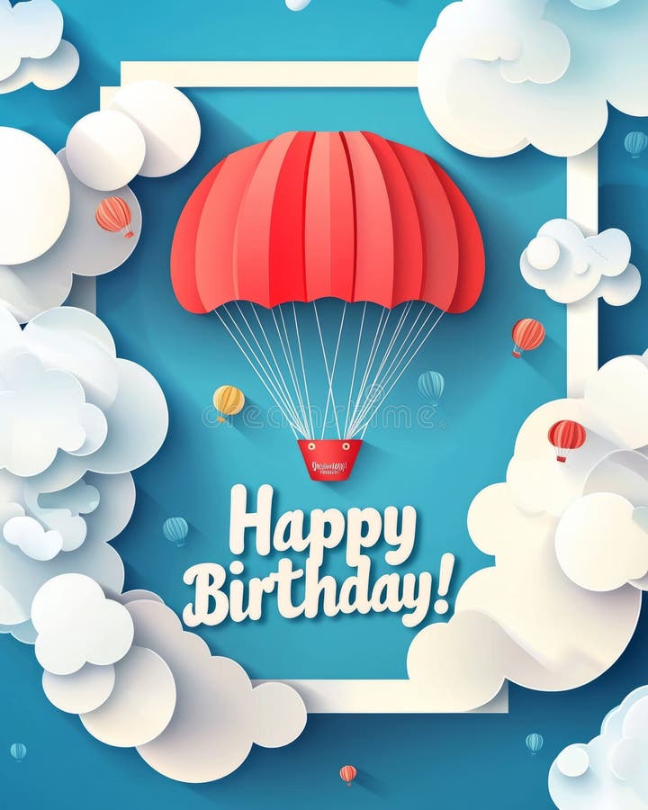 Parachutethemed 3D Birthday Card with Cloud Frame Stock Illustration ...