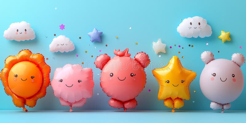 Parade of Balloons in the Shape of Stars and Animals, Smiling Clouds ...