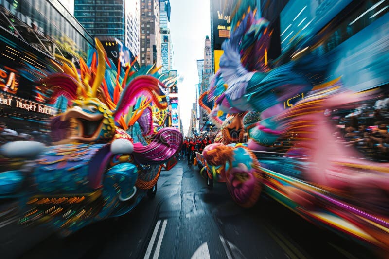 A Parade Float is Seen Moving Down a City Street, Surrounded by ...