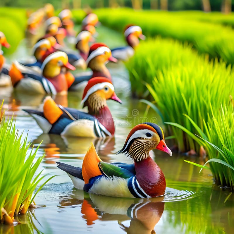 Parade of Mandarin Ducks Gliding through the Rice Fields Stock ...