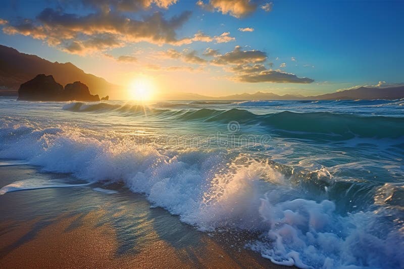 Paradise Beach with Beautiful Waves. Generative AI Stock Illustration ...