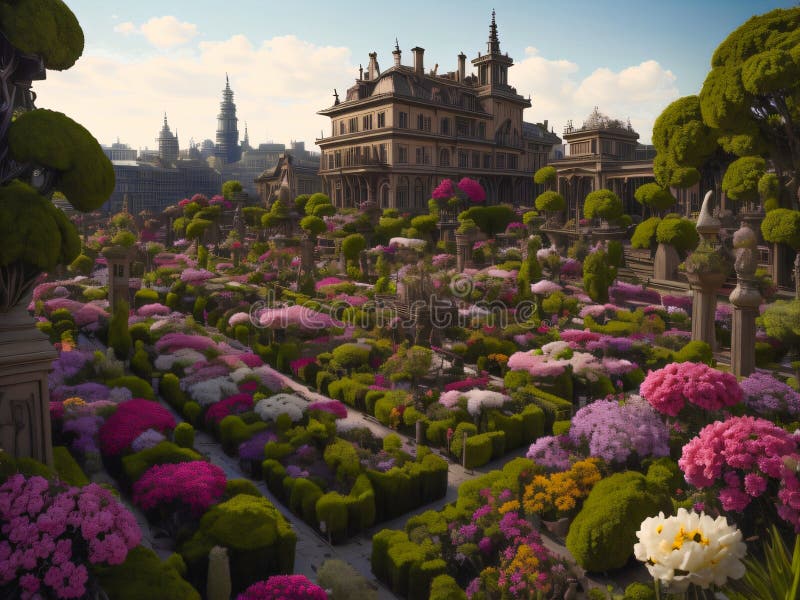 Paradise Palace with Beautiful Flower Garden Stock Illustration ...