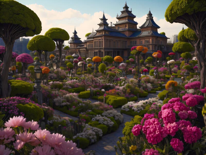 Paradise Palace with Beautiful Flower Garden Stock Illustration ...