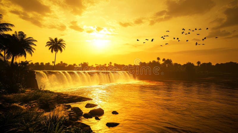 Paradise Scene Tropical Waterfall Sunset Surrounded Lush Greenery Stock ...