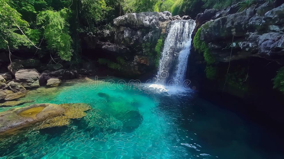 Paradise Waterfall Cascading into a Clear Blue Pool Stock Illustration ...