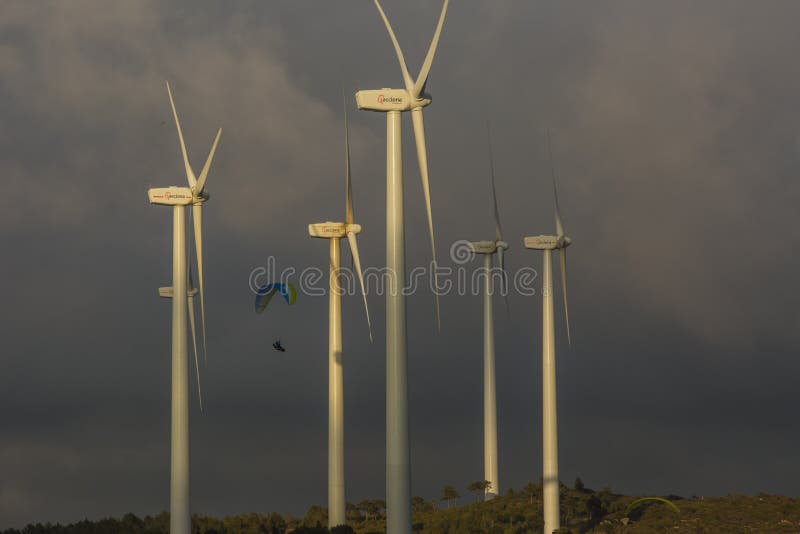 Paragliding between Wind Turbines in Anoia, Barcelona, Spain Editorial ...