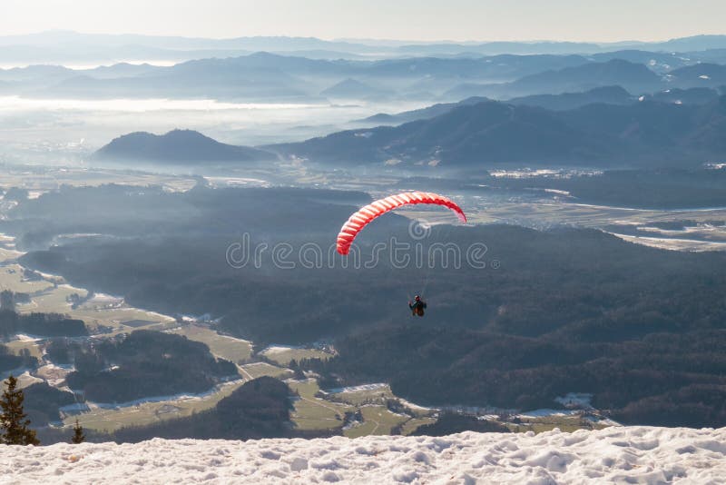 Paragliding in Winter at Mountains Stock Image - Image of snow, season ...