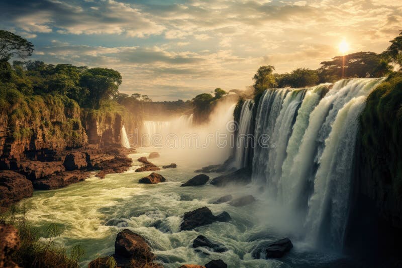 Paraguay Landscape. Beautiful Waterfall Scene with River Flowing ...