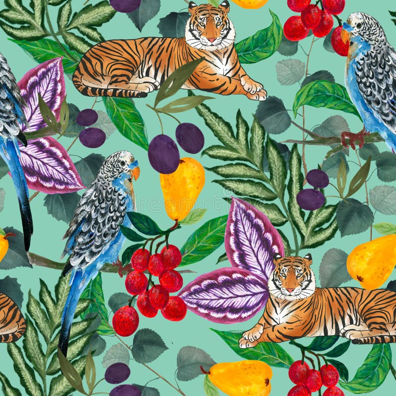 Parakeet Bird and Tiger Animal with Fruit Plants Foliage Leaf Seamless ...