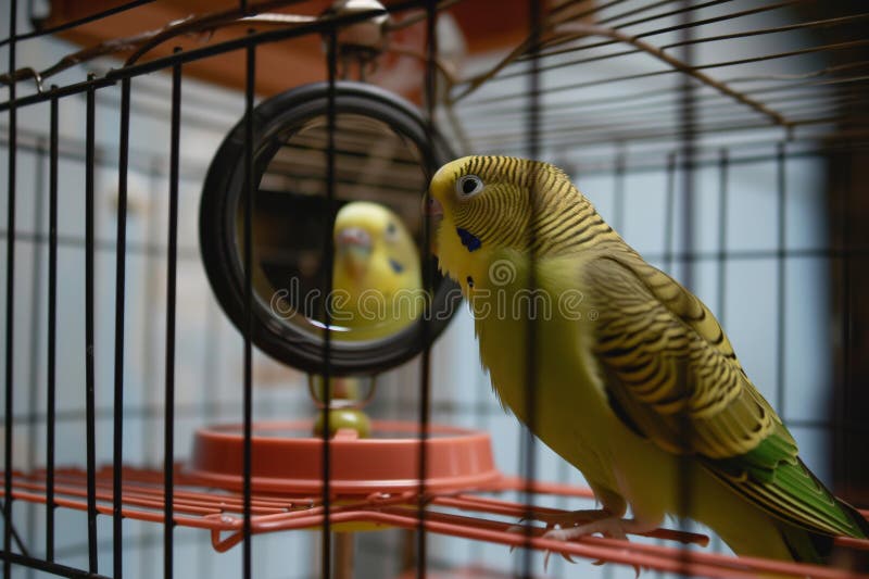 Parakeet Looking at Mirror Toy in a Small Cage Stock Image - Image of ...