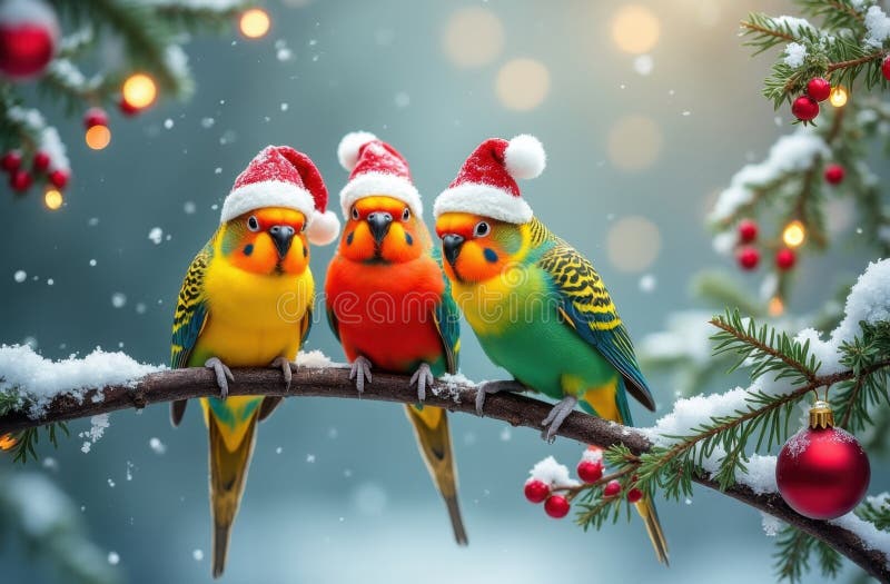 Parakeets on a Branch in a Christmas Scene at 30-10-2024 Stock ...