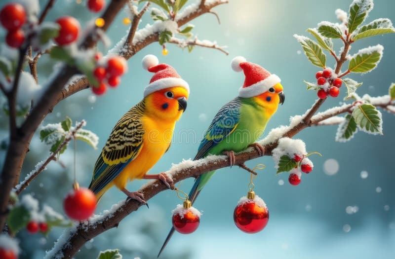 Parakeets on a Branch in a Christmas Scene at 30-10-2024 Stock ...