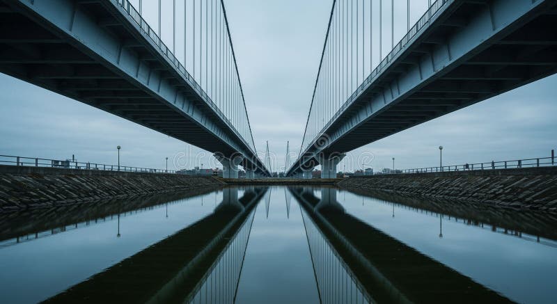 Parallel Bridges Span Across a Calm Body of Water, Creating Symmetrical ...
