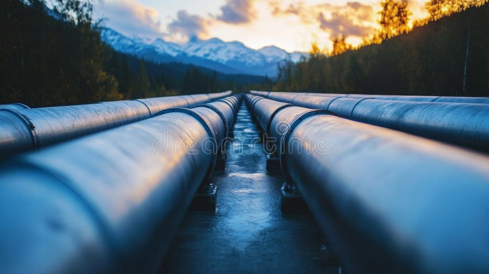 Parallel Pipelines Across Mountainous Terrain at Sunset Stock ...