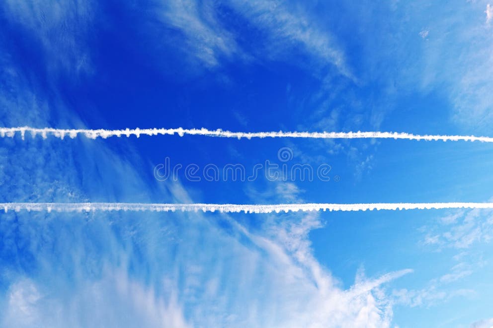 Parallel Plane Contrails in Blue Sky Stock Photo - Image of blue, plane ...