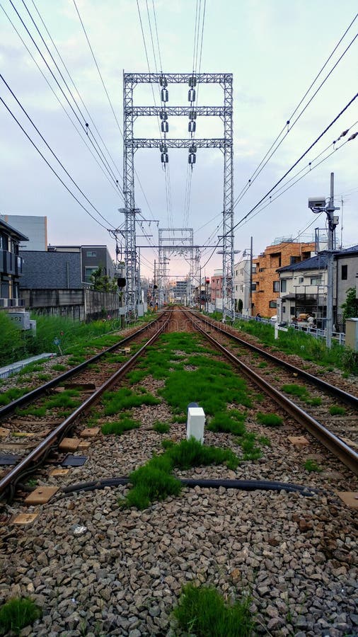A Parallel Railway Track with Power Lines Stock Image - Image of ...