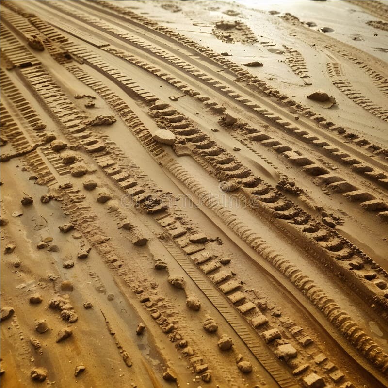 Parallel Tire Tracks in Wet, Textured Sand, with Scattered Clumps and ...