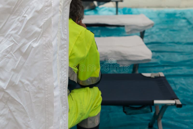 Paramedic Waiting for Emergency Inside Temporary Rescue Control Stock ...