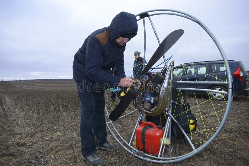 Paramotoring. Man Paramotorist Preparing Paramotor for Flight. Kyiv ...