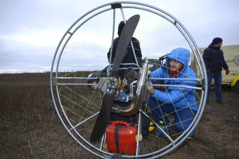 Paramotoring. Man Paramotorist Preparing Paramotor for Flight. Kyiv ...