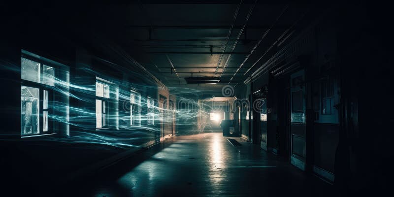 Paranormal Activity Inside an Empty School Corridor at Night Time Stock ...