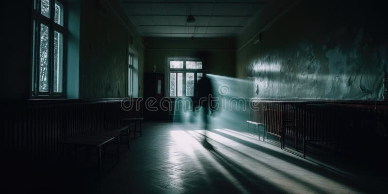 Paranormal Activity Inside an Empty School Corridor at Night Time Stock ...