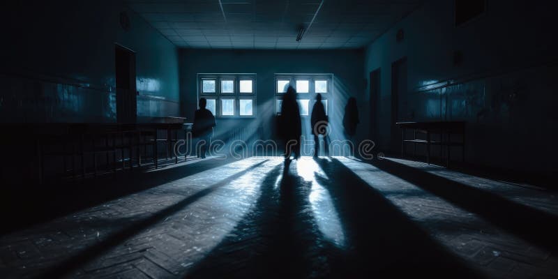 Paranormal Activity Inside an Empty School Corridor at Night Time Stock ...