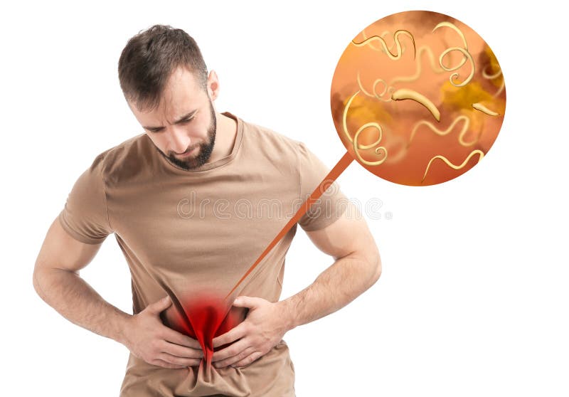 Parasites Under Microscope and Man Suffering from Helminthiasis Stock ...