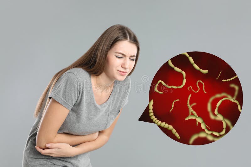 Parasites Under Microscope and Woman Suffering from Helminthiasis Stock ...