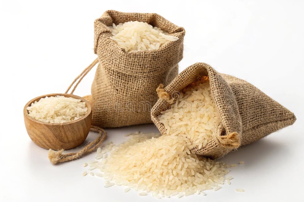 Parboiled Rice in Burlap Bag Isolated on White Background Stock ...
