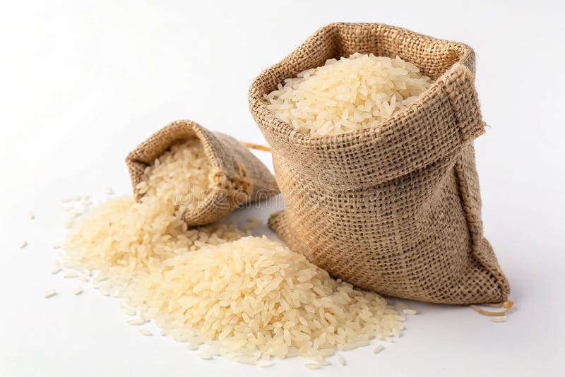 Parboiled Rice in Burlap Bag Isolated on White Background Stock ...