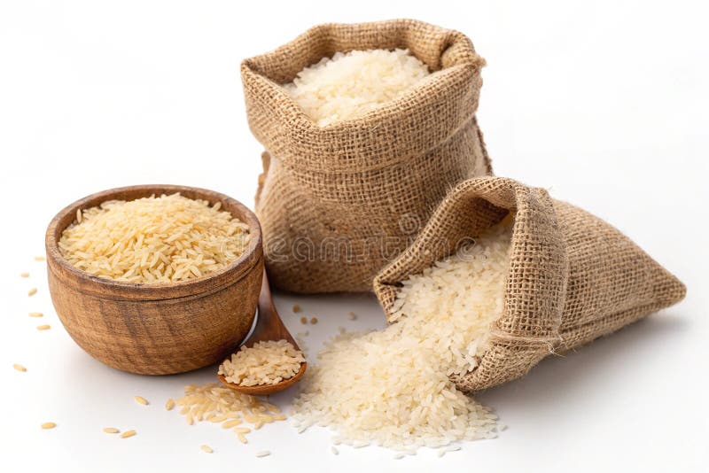 Parboiled Rice in Burlap Bag Isolated on White Background Stock ...