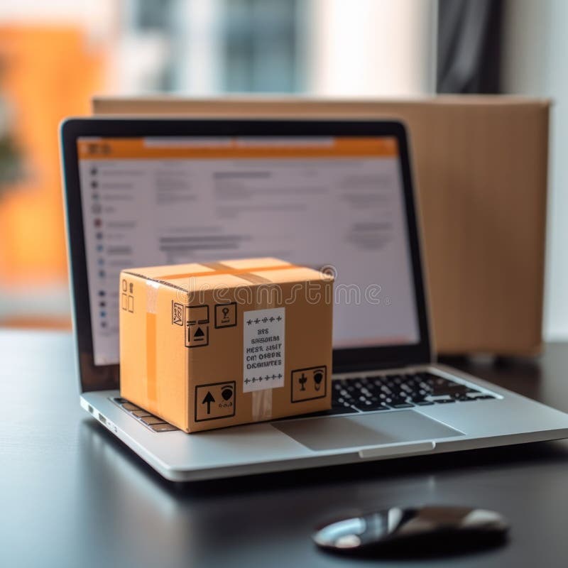 Parcel Box or Cardboard Box on an Open Laptop Stock Illustration ...