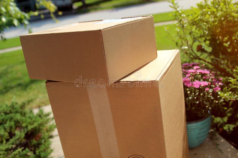 Parcel (box) Delivery at the Front Door Outside Stock Photo - Image of ...