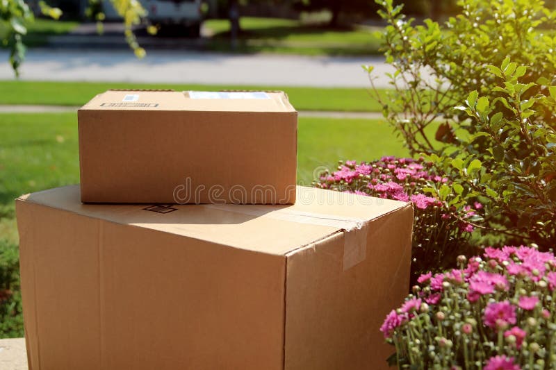 Parcel (box) Delivery at the Front Door Outside Stock Photo - Image of ...