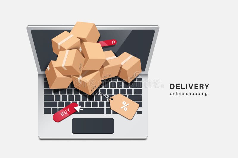 Parcel Boxes or Cardboard Boxes Stacked on Top of Laptop Computer Stock ...