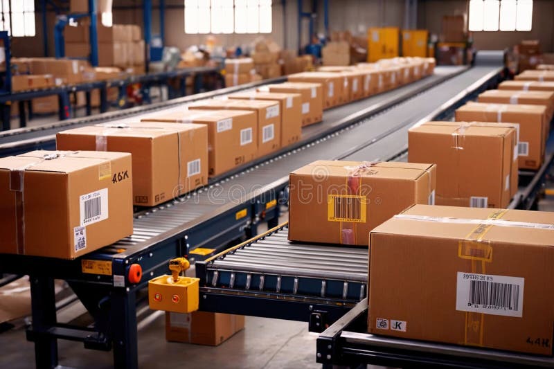 Parcel Boxes on Conveyor Belt in Product Sorting and Shipping Facility ...