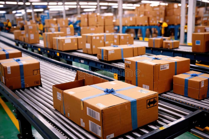 Parcel Boxes on Conveyor Belt in Product Sorting and Shipping Facility ...
