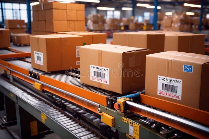 Parcel Boxes on Conveyor Belt in Product Sorting and Shipping Facility ...