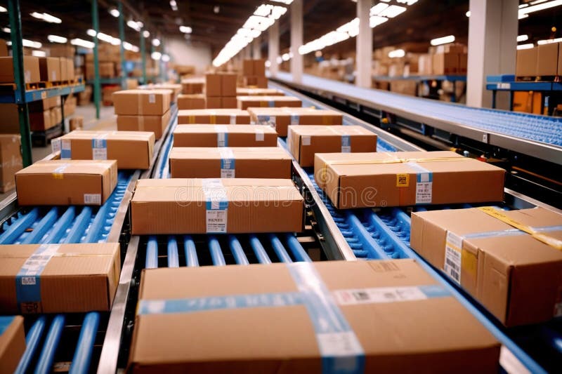 Parcel Boxes on Conveyor Belt in Product Sorting and Shipping Facility ...
