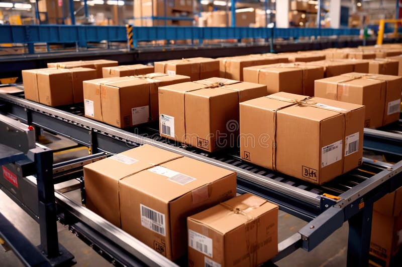 Parcel Boxes on Conveyor Belt in Product Sorting and Shipping Facility ...