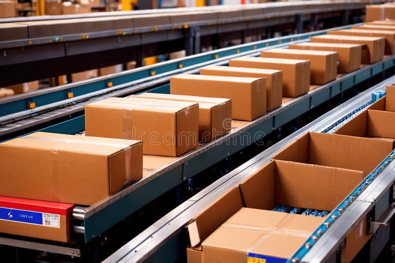 Parcel Boxes on Conveyor Belt in Product Sorting and Shipping Facility ...