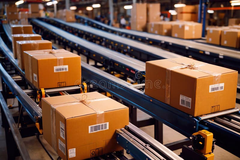Parcel Boxes on Conveyor Belt in Product Sorting and Shipping Facility ...