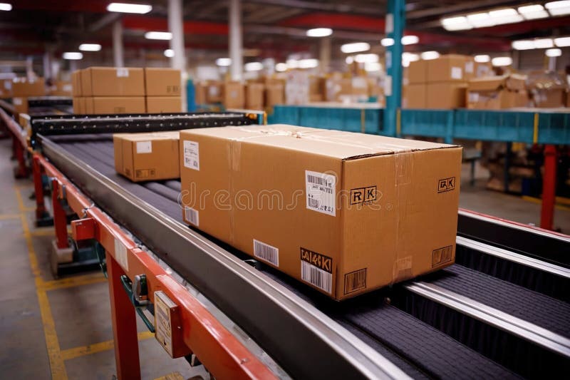 Parcel Boxes on Conveyor Belt in Product Sorting and Shipping Facility ...