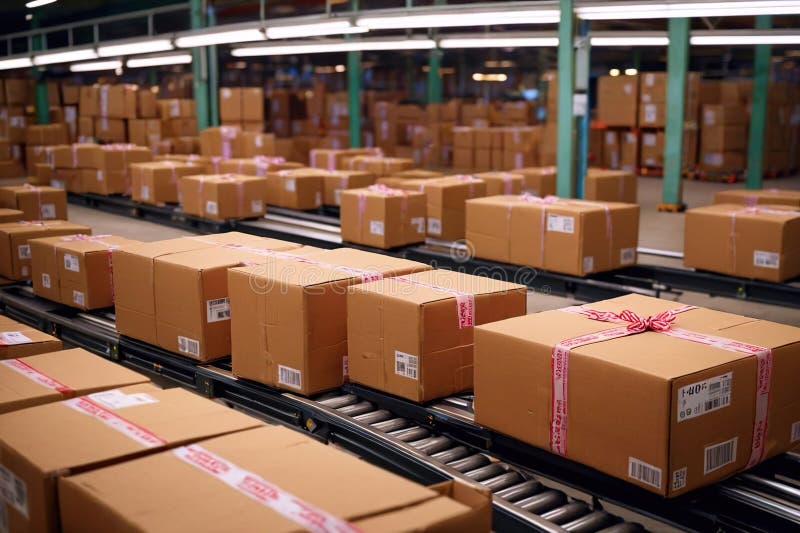 Parcel Boxes on Conveyor Belt in Product Sorting and Shipping Facility ...