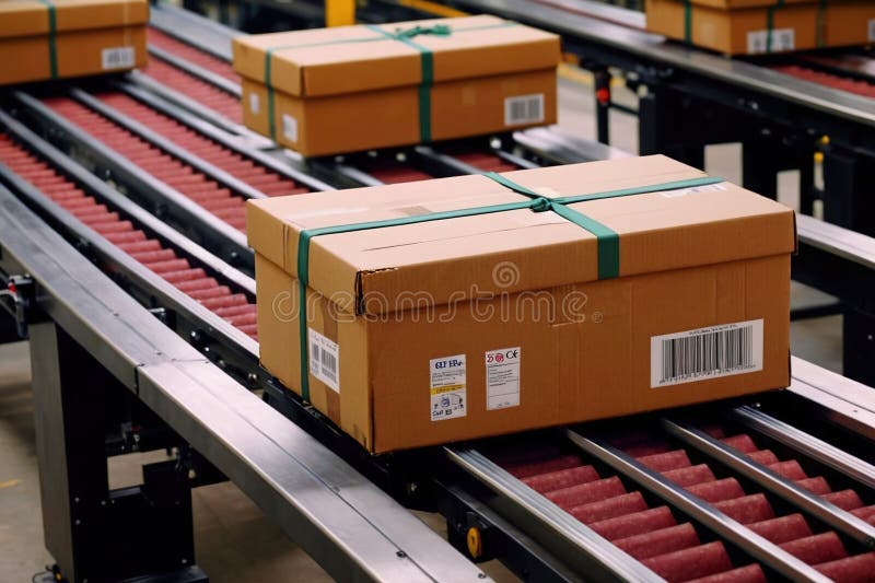 Parcel Boxes on Conveyor Belt in Product Sorting and Shipping Facility ...