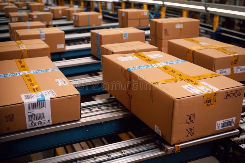 Parcel Boxes on Conveyor Belt in Product Sorting and Shipping Facility ...